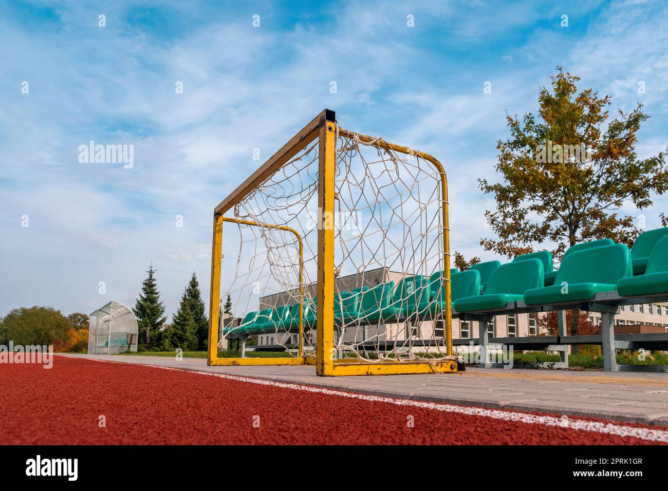 Small goals left on stadium after football outdoor practice. Football ...