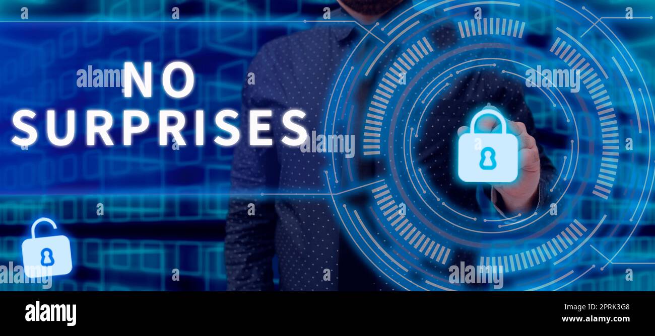 Hand writing sign No Surprises, Business overview Presupposed Eventual ...