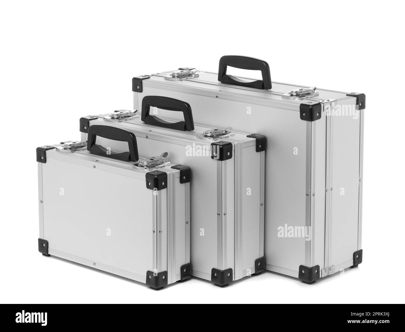 Set of metal suitcases of different sizes isolated on white background ...