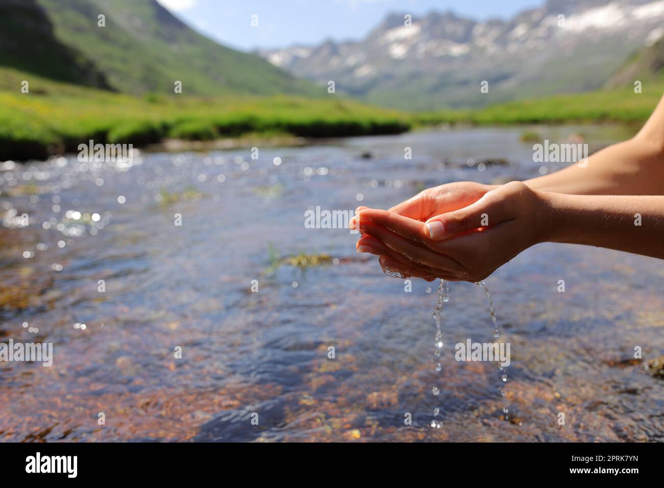 Close up of a woman hands catching water from river in the mountain ...