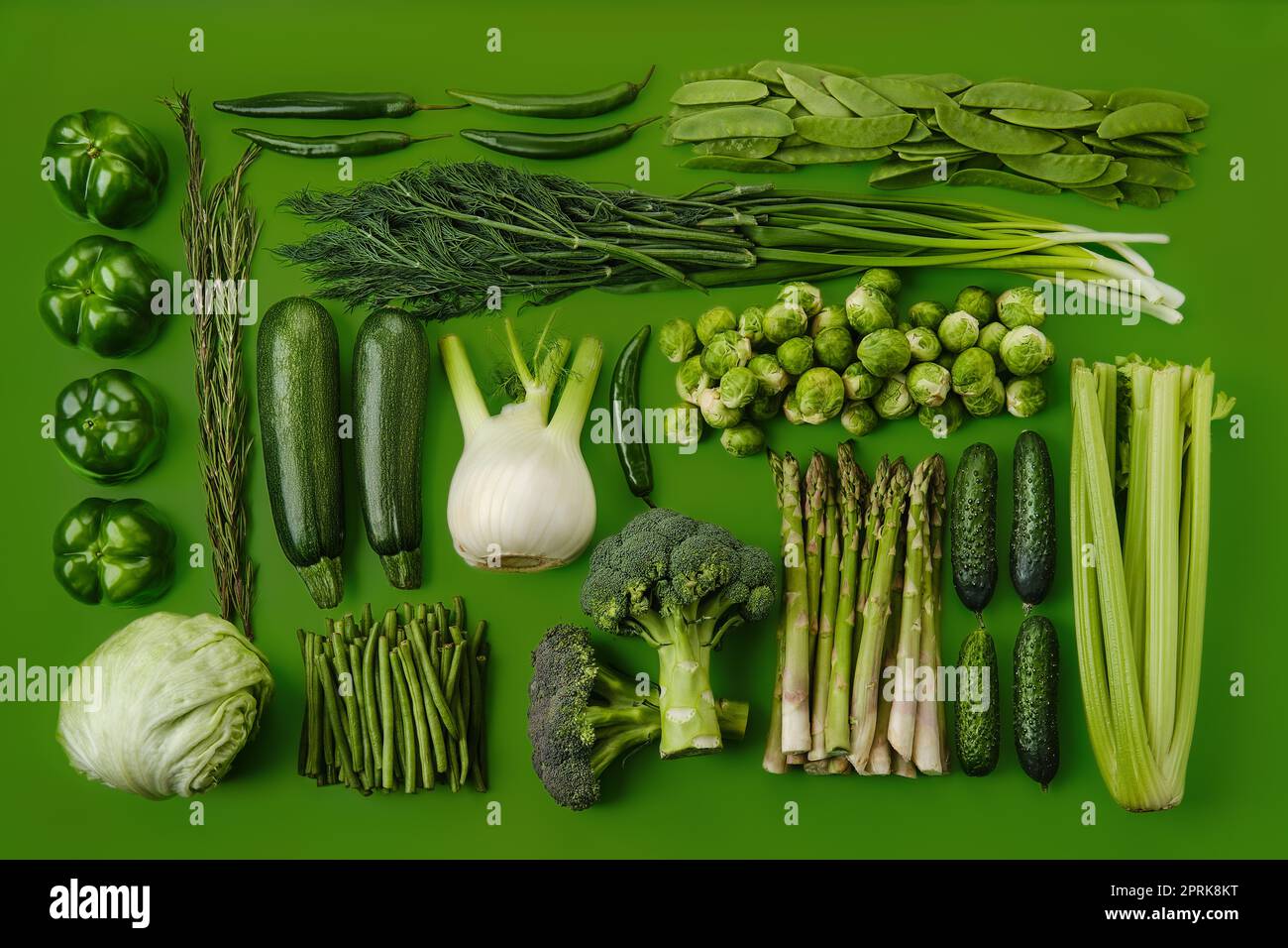 Rectangular composition with various green vegetables on green ...