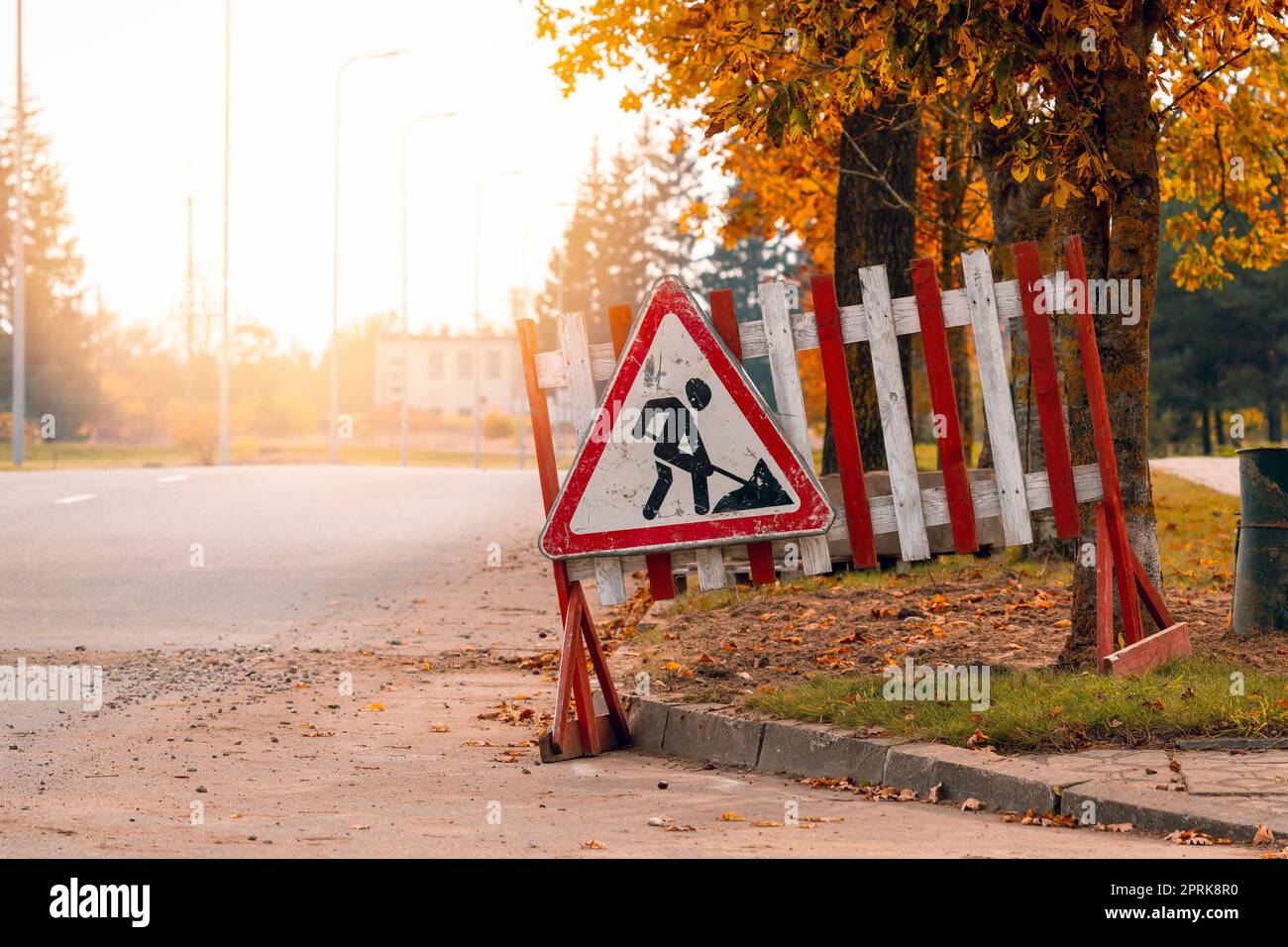 Road works sign for construction works on the city street. Road under ...