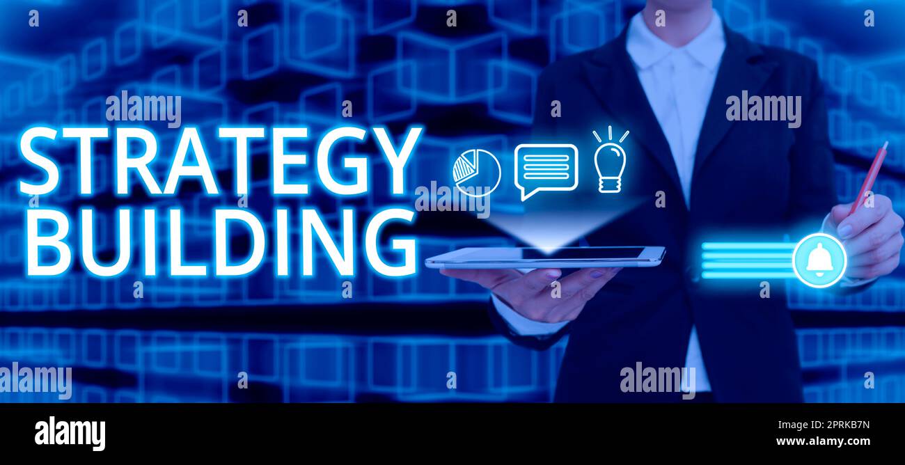 Hand writing sign Strategy BuildingLeveraging Buying and acquiring ...