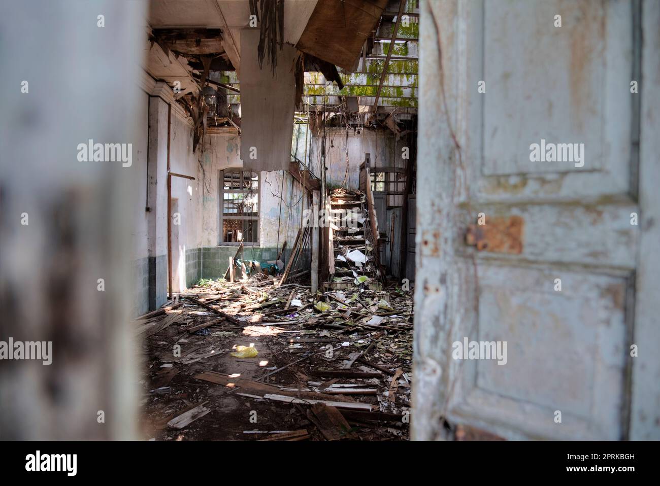outdoor scene of the deserted and dilapidated colonial buildings Stock ...