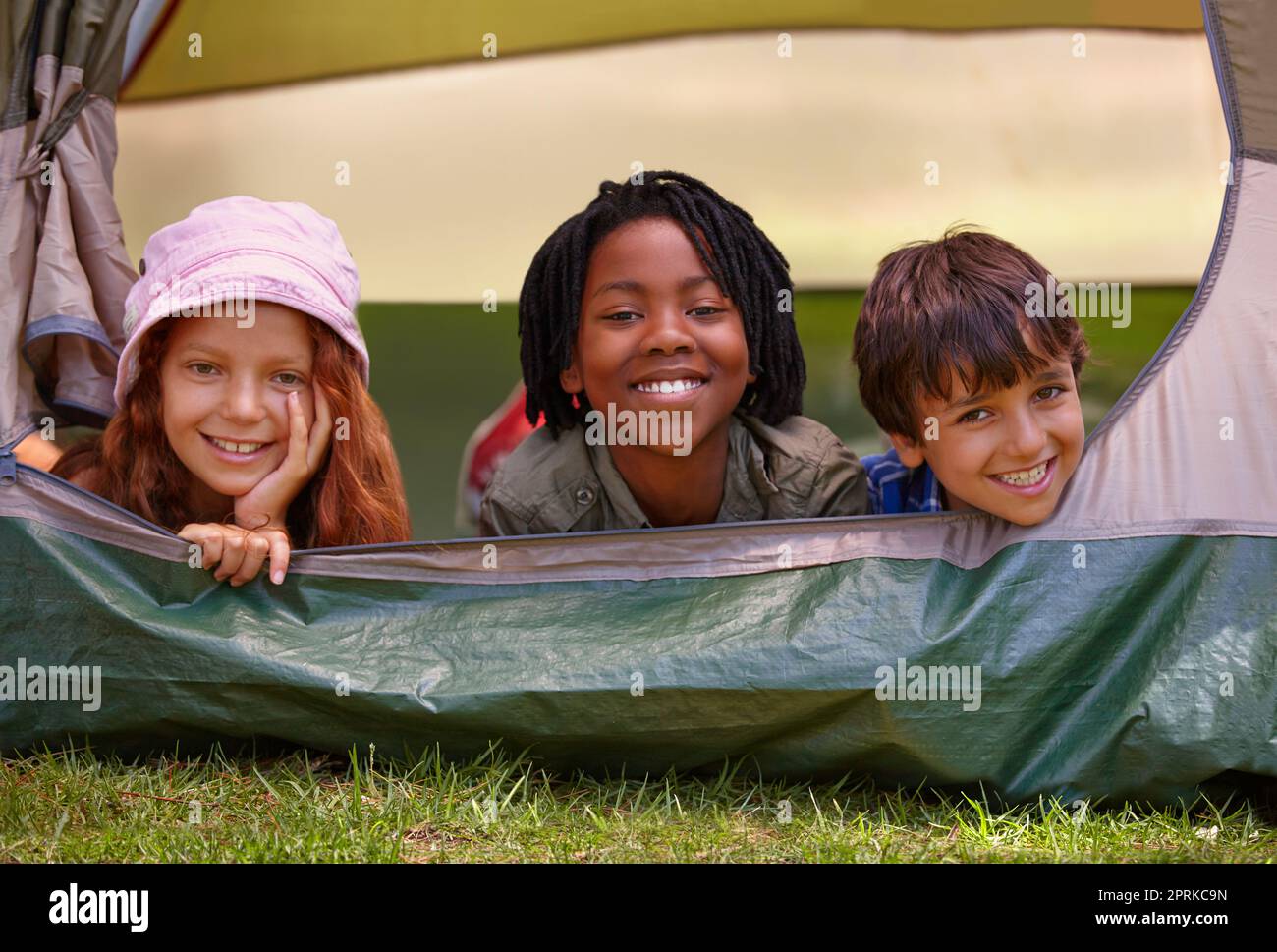 Camping cuties. Crop shot of a group of friends in a tent while camping ...