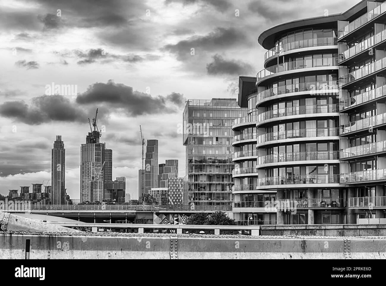View of modern buildings on the Thames riverside as seen from Chelsea ...