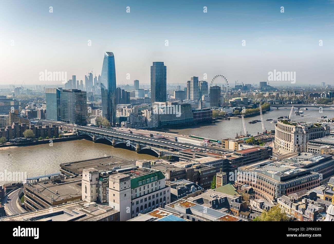 Scenic view over the river Thames and the city skyline, London, England ...