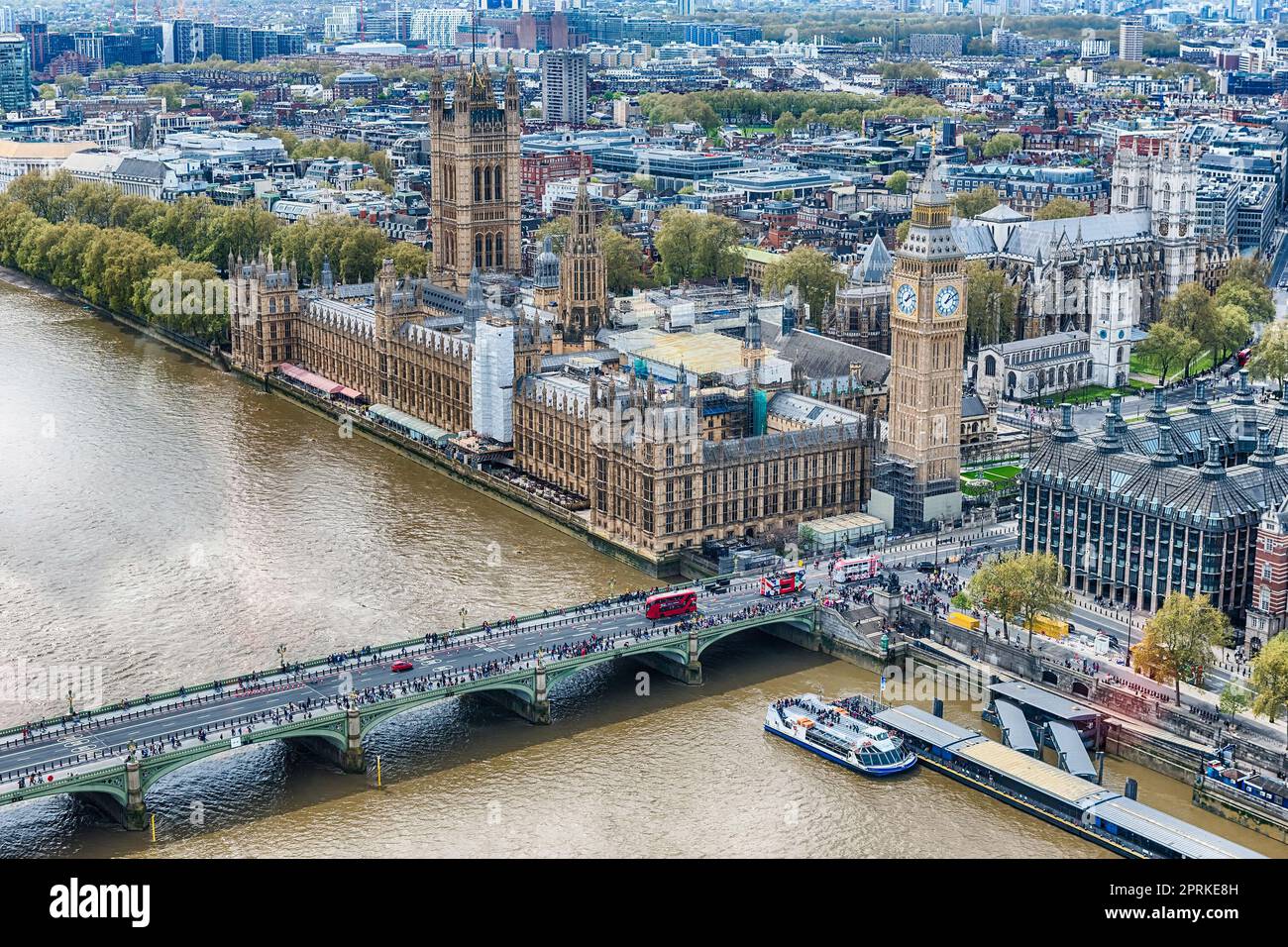 Aerial view of the river Thames with Westminster Bridge, the Big Ben ...