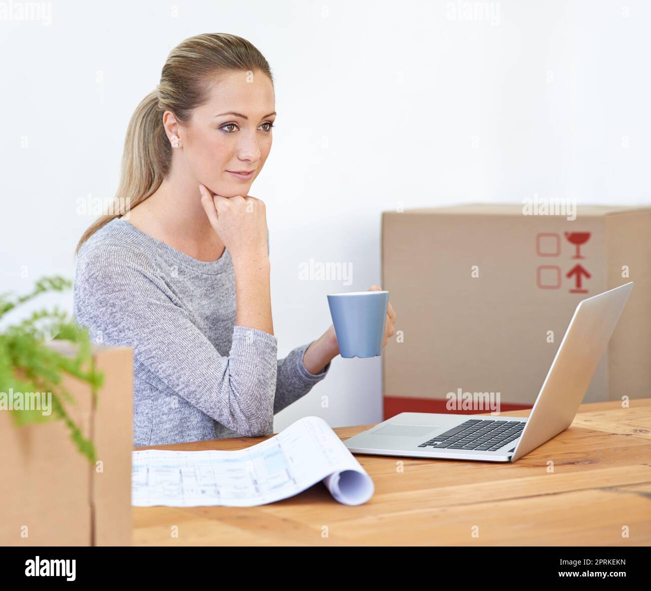 Finishing up some work before the move. A young woman looking ...
