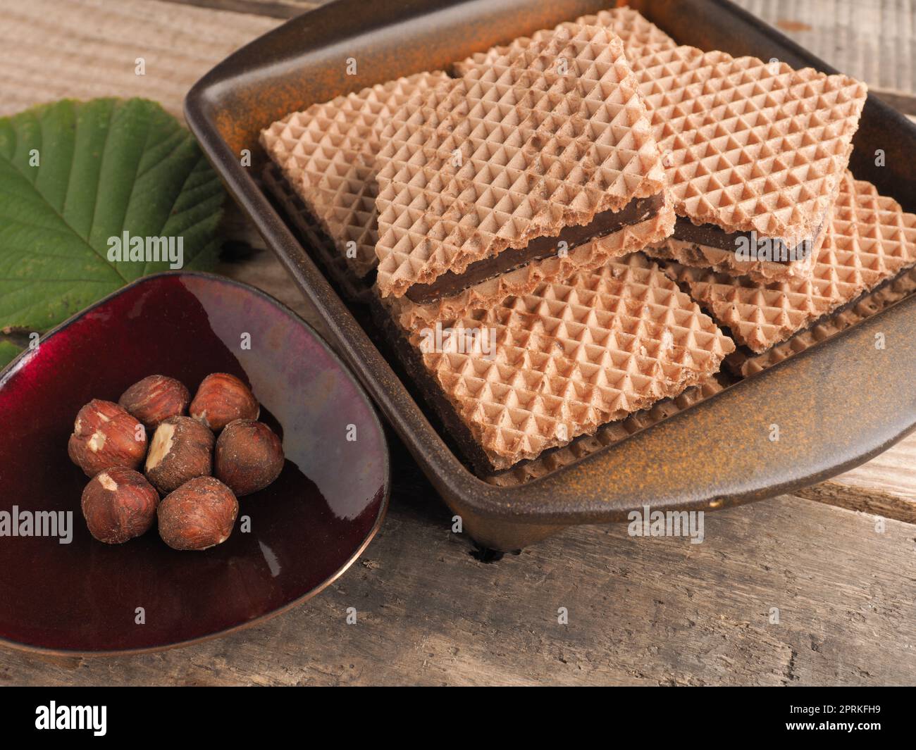 Organic wafer snack with hazelnut chocolate filling. Sweet food, tasty ...
