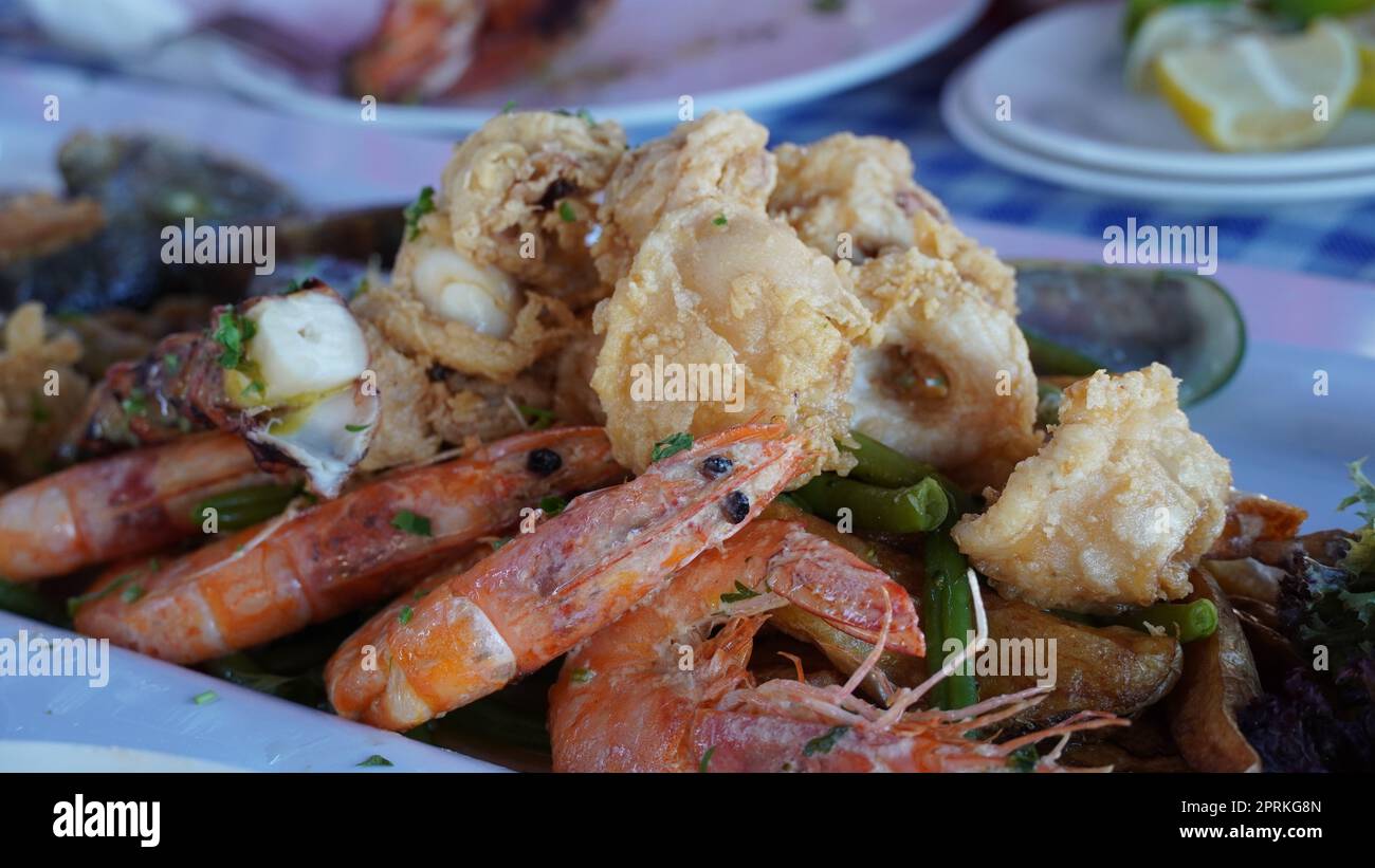 Cyprus fish and seafood meze at harborside restaurant. Huge meze meal ...