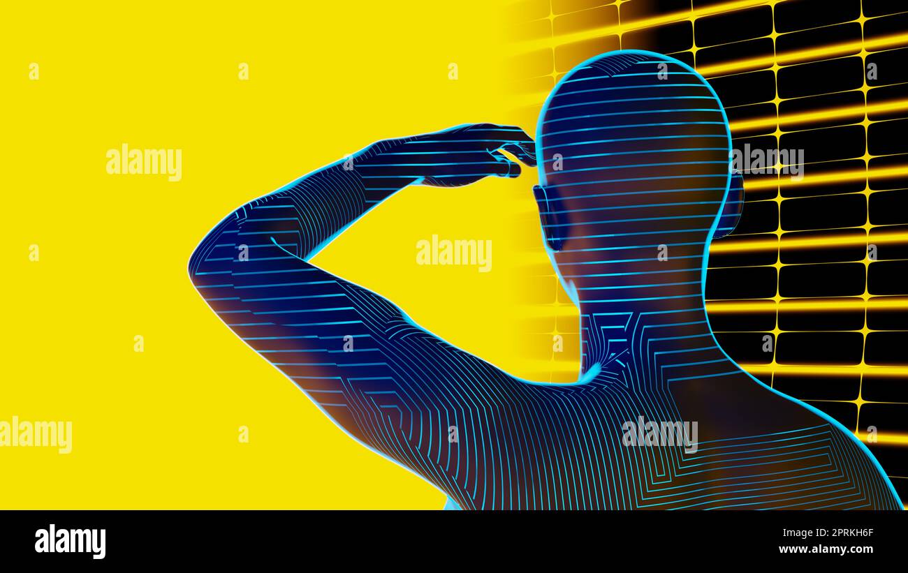 hologram human from behind watching looking away at sunset illumination ...