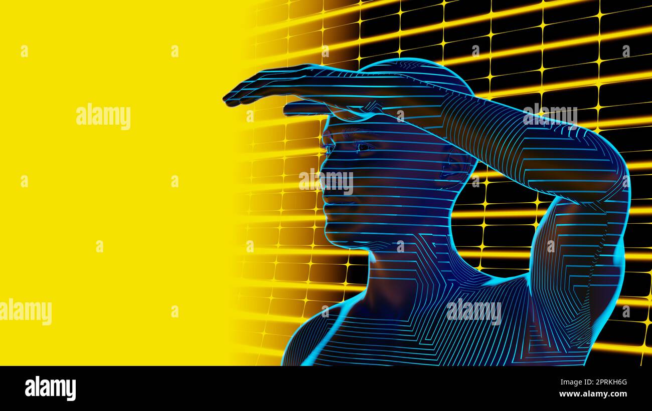 hologram human watching looking away at sunset illumination yellow ...
