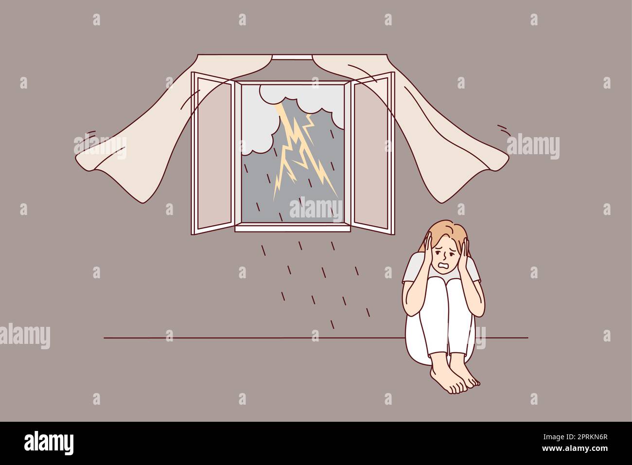 Scared girl sitting on floor afraid of storm outdoors. Terrified young ...