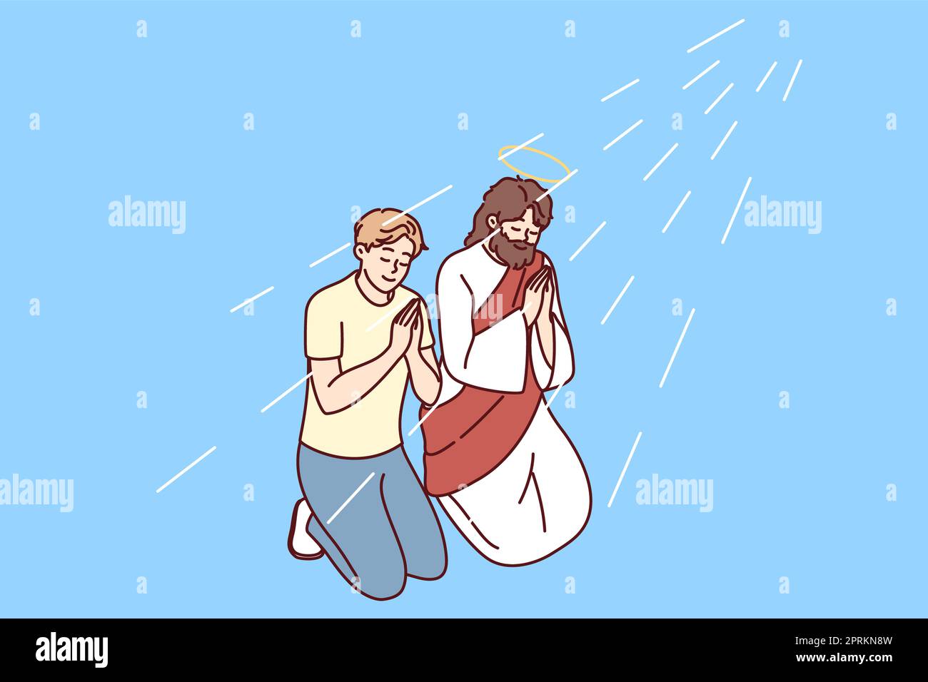 Religious young man kneel near Jesus Christ praying with hands together ...