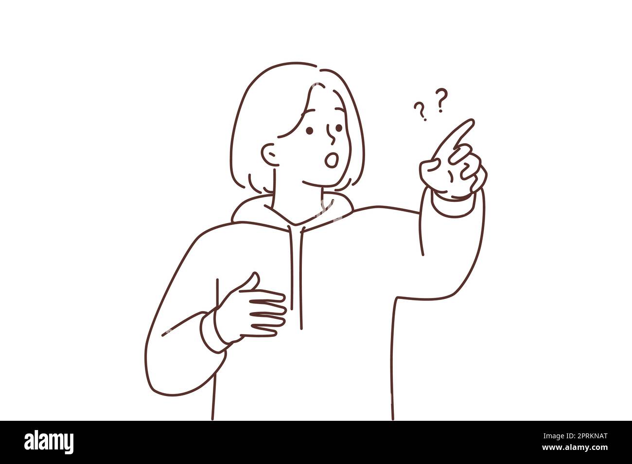 Confused girl point at something feeling shocked and stunned ...