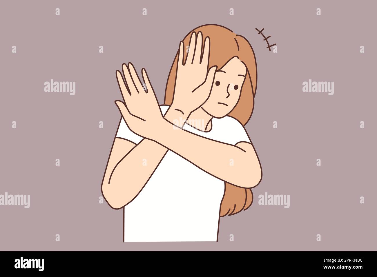 Unhappy scared woman make hand gesture protecting. Upset girl show no ...