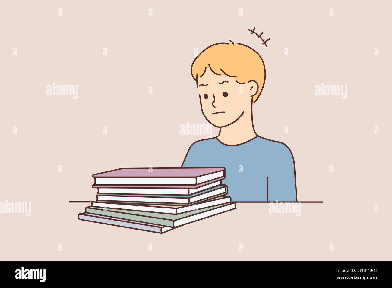 Unhappy boy child sit at desk look at books unmotivated for studying ...