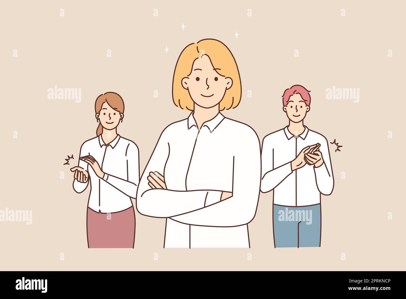 Smiling employees applaud confident businesswoman greeting with work ...