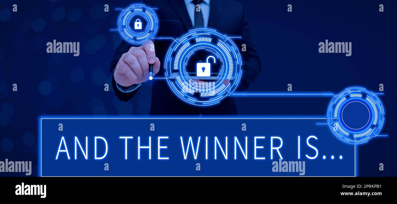 Hand writing sign And The Winner Is..., Business overview Announcing ...