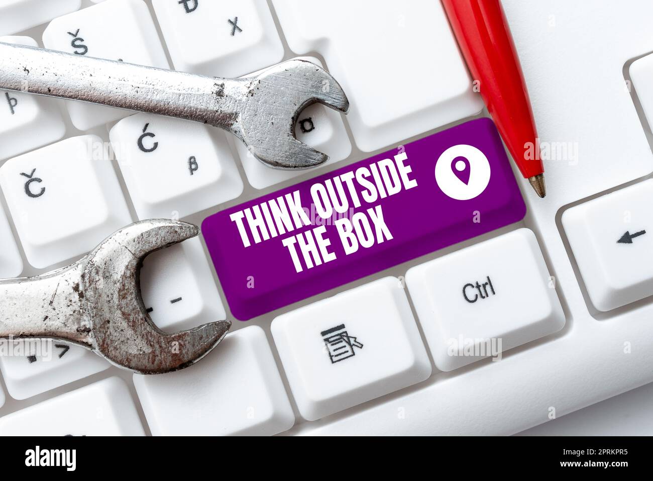 Hand writing sign Think Outside The BoxBe unique different ideas bring ...