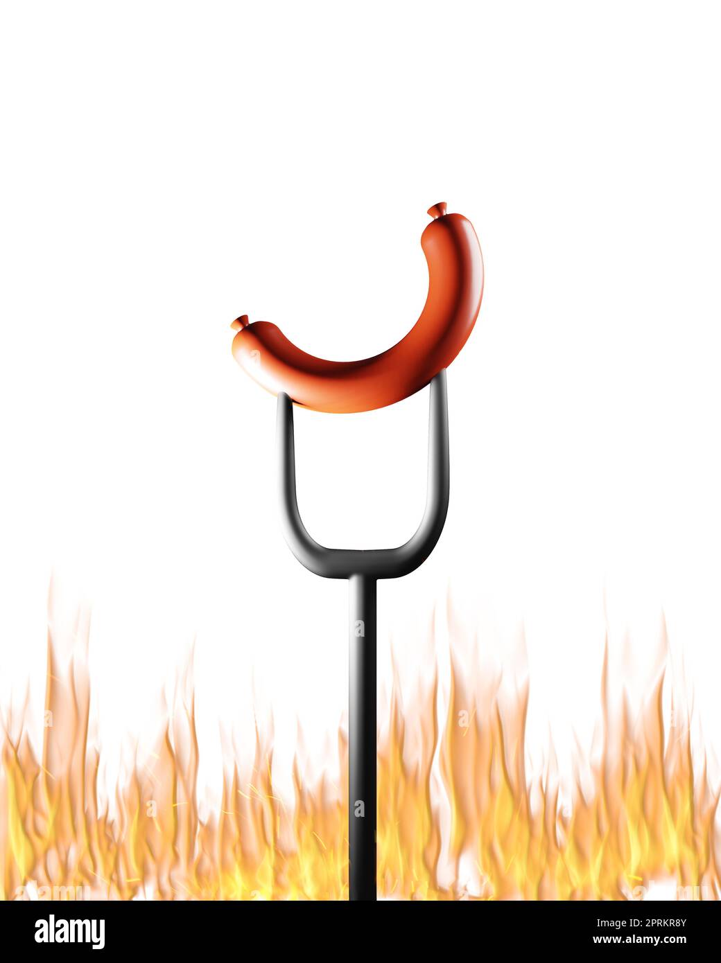 Grill or barbecue cookout concept. Bangers sausage on fork over the ...