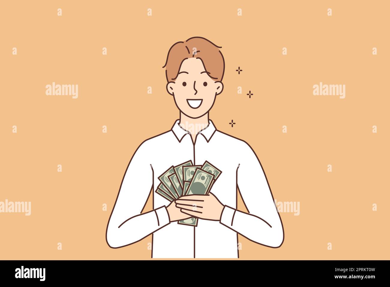 Smiling rich man stand holding pile of dollar banknotes get percentage ...