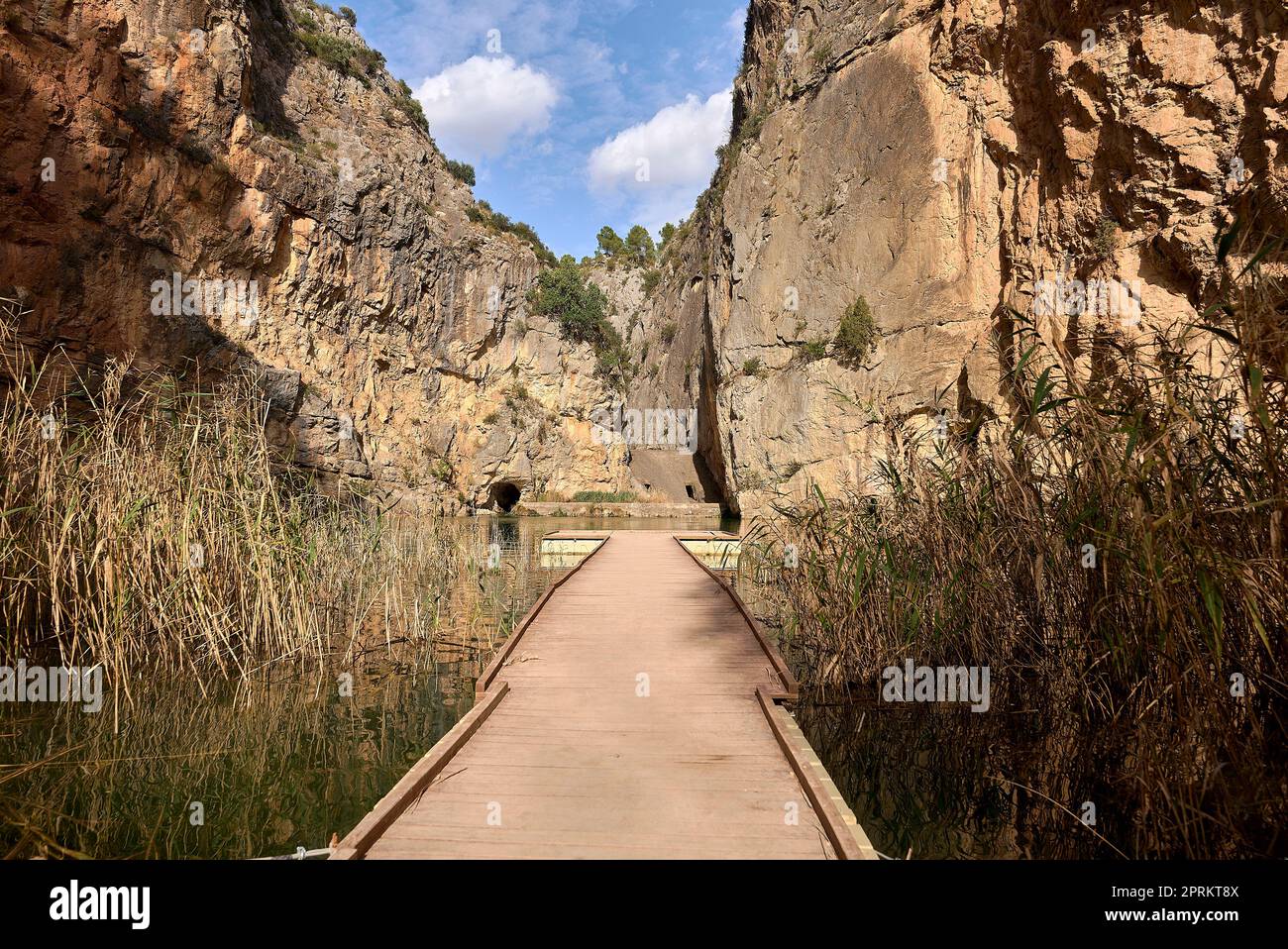 Footbridge of the blue lagoon of Chulilla, Valencian Community, Spain ...
