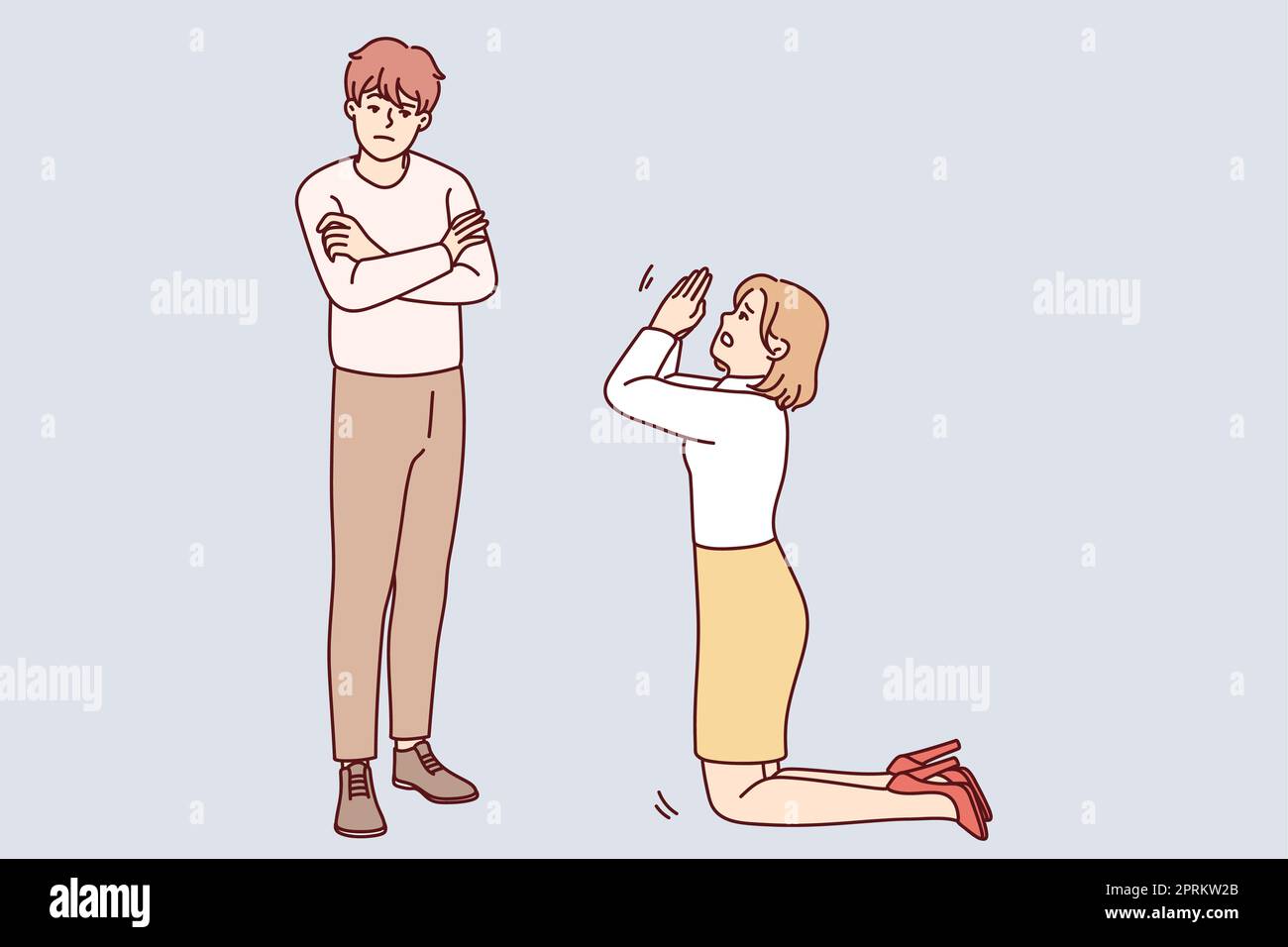 Woman kneel ask forgiveness from man. Female stand on knees beg ...