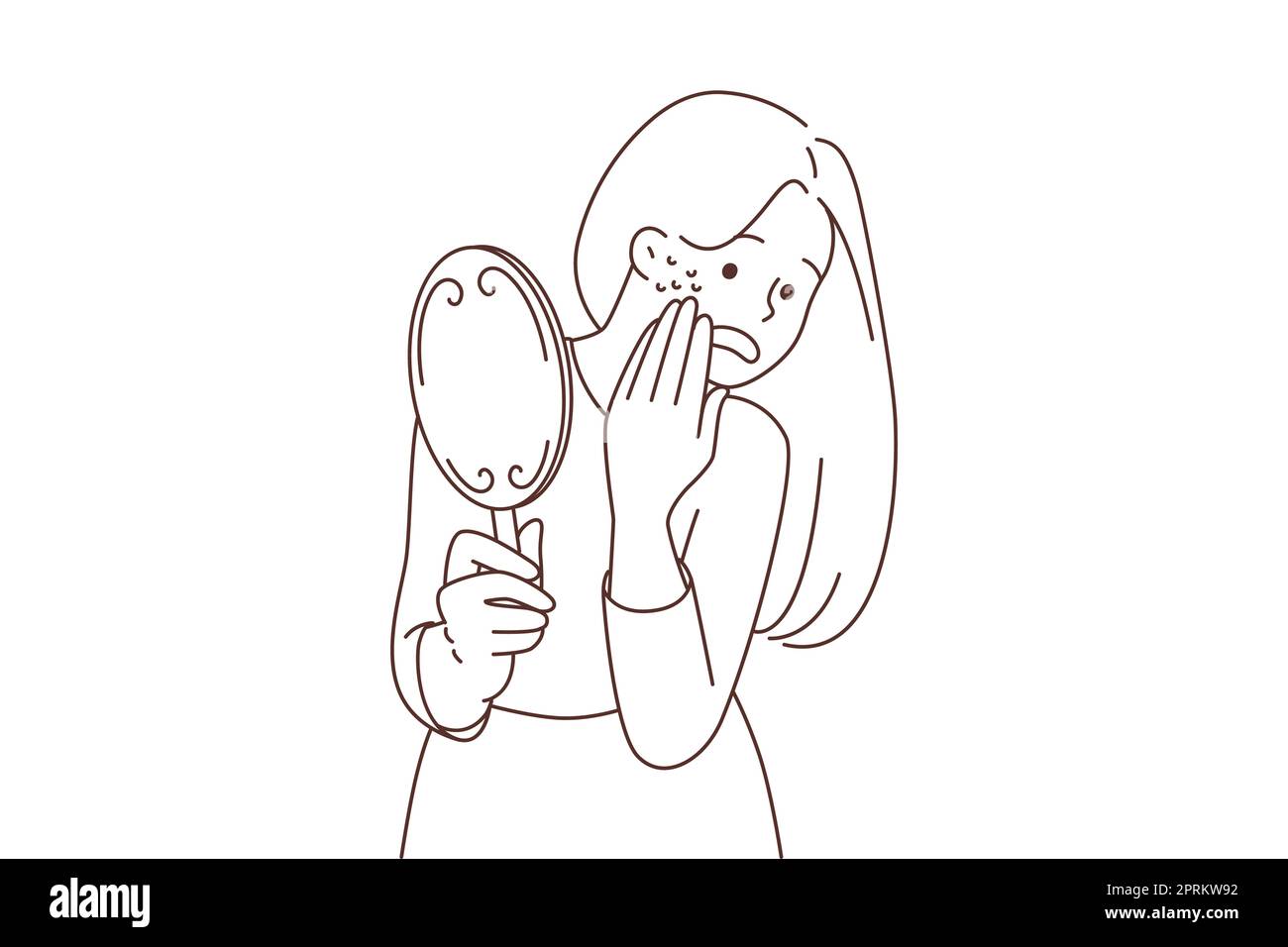 Stressed woman look in mirror worried about acne on cheeks. Unhappy ...