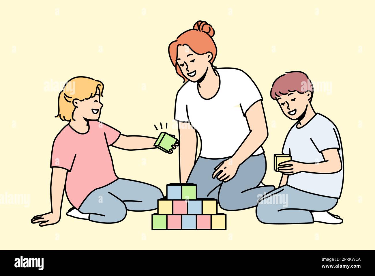 Caring young mother play with children at home. Loving mom engaged in ...