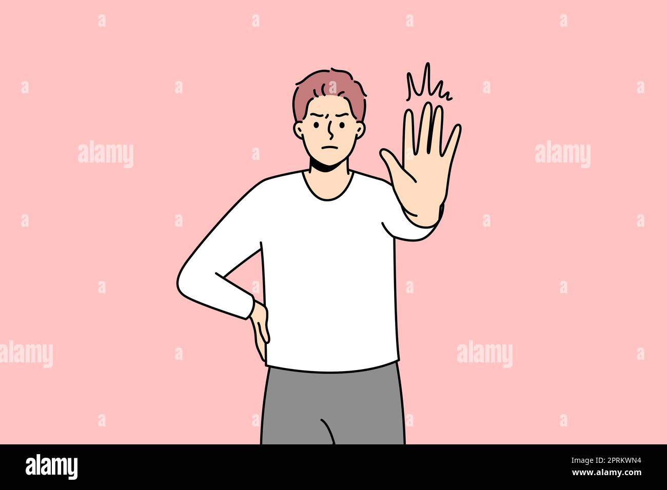 Decisive young man show no hand gesture. Serious male demonstrate stop ...