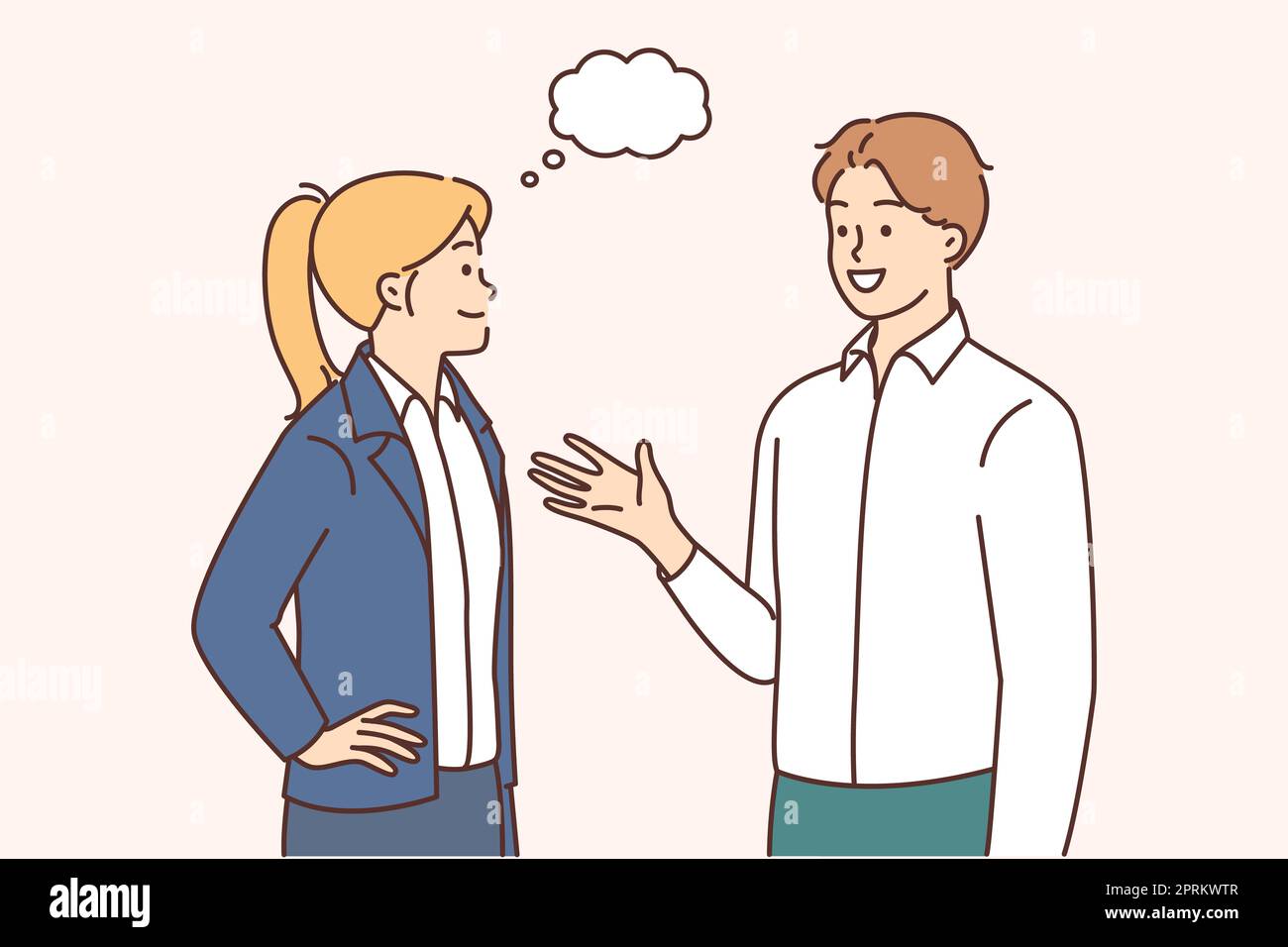 Smiling businesspeople with speech balloons communicating sharing ...