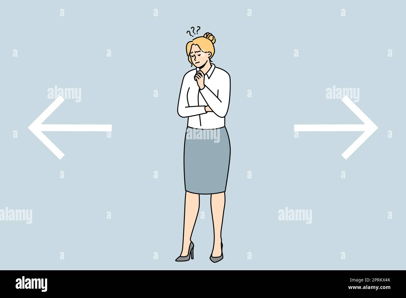 Confused businesswoman near huge arrows facing different directions ...