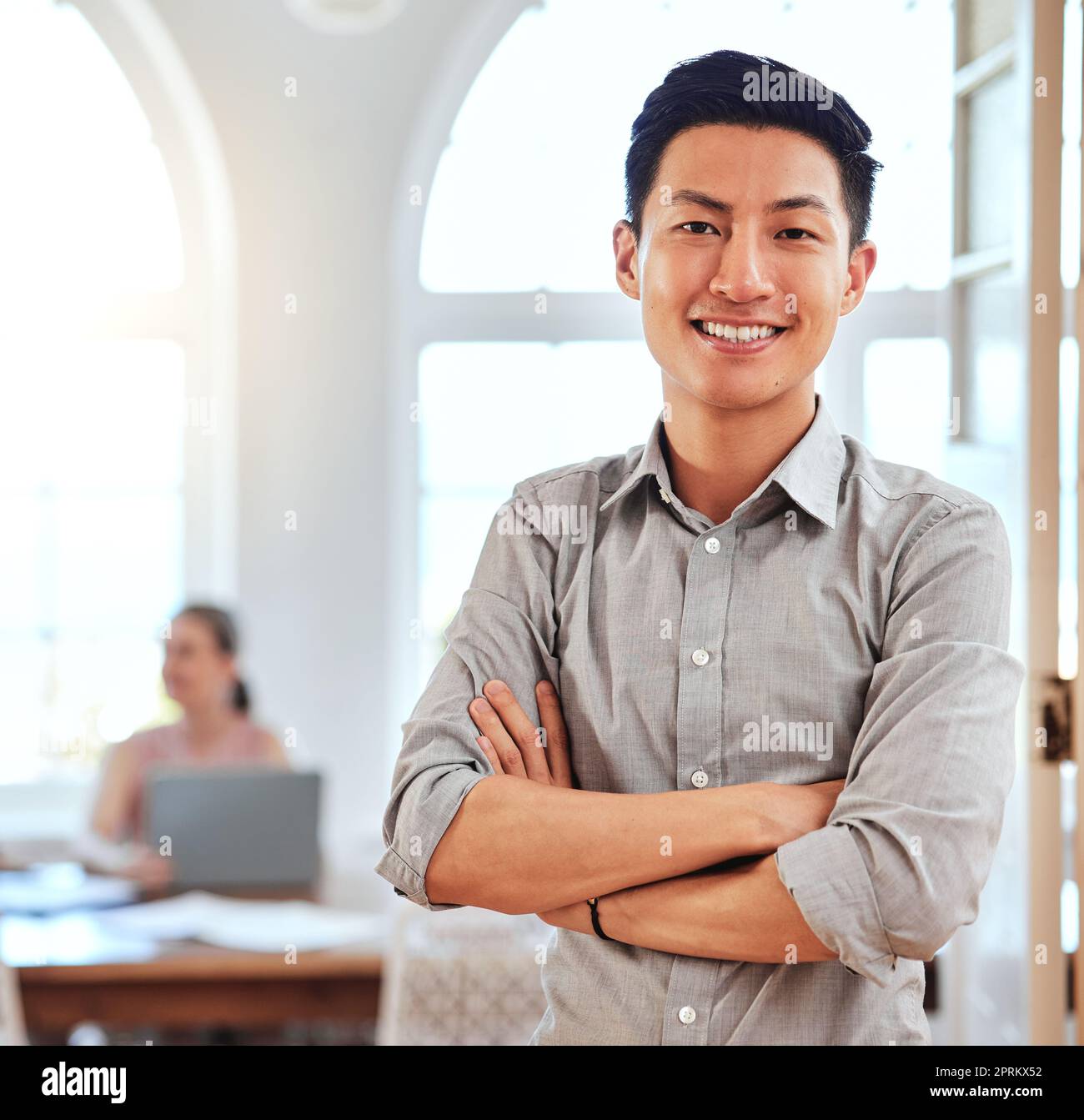 Asian man, leader and in office stand happy, proud and confident at ...