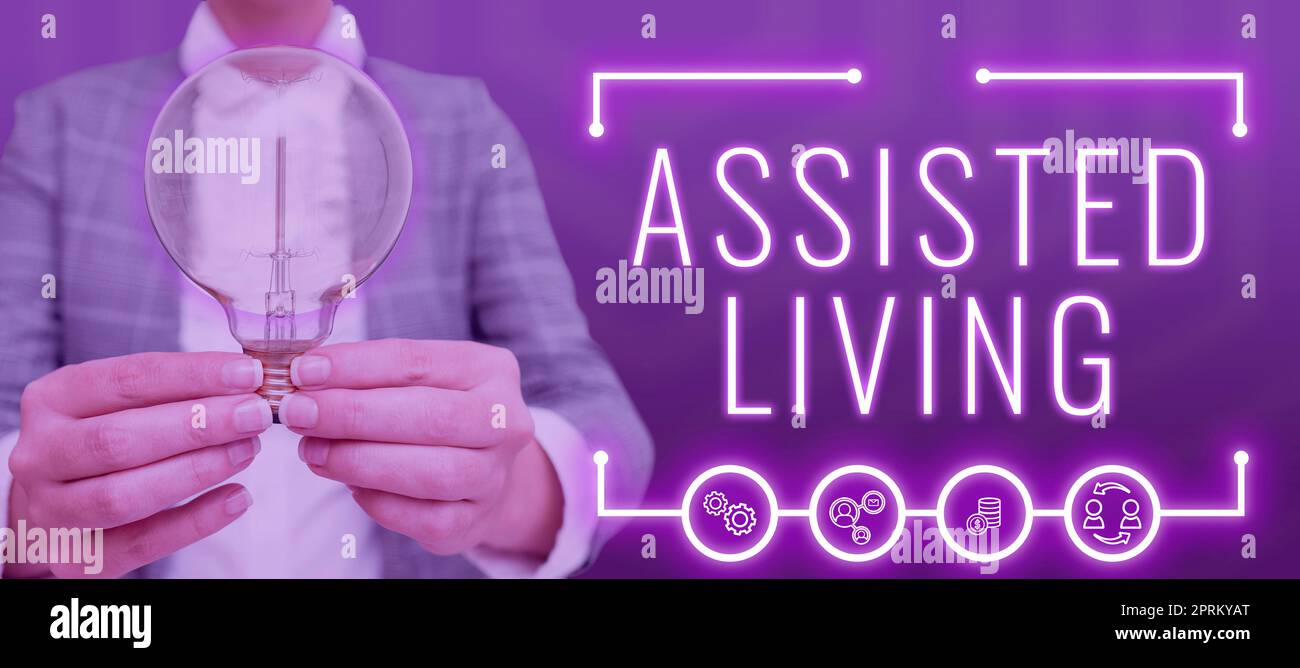 Inspiration showing sign Assisted Living, Business overview person ...