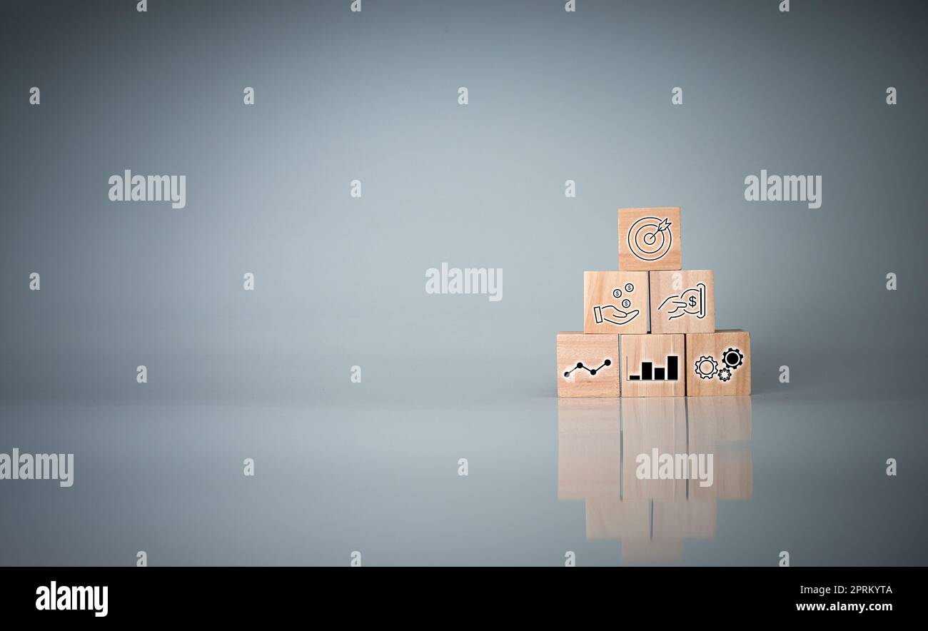 Wood cube block stacking with icon.Concept of business strategy and ...