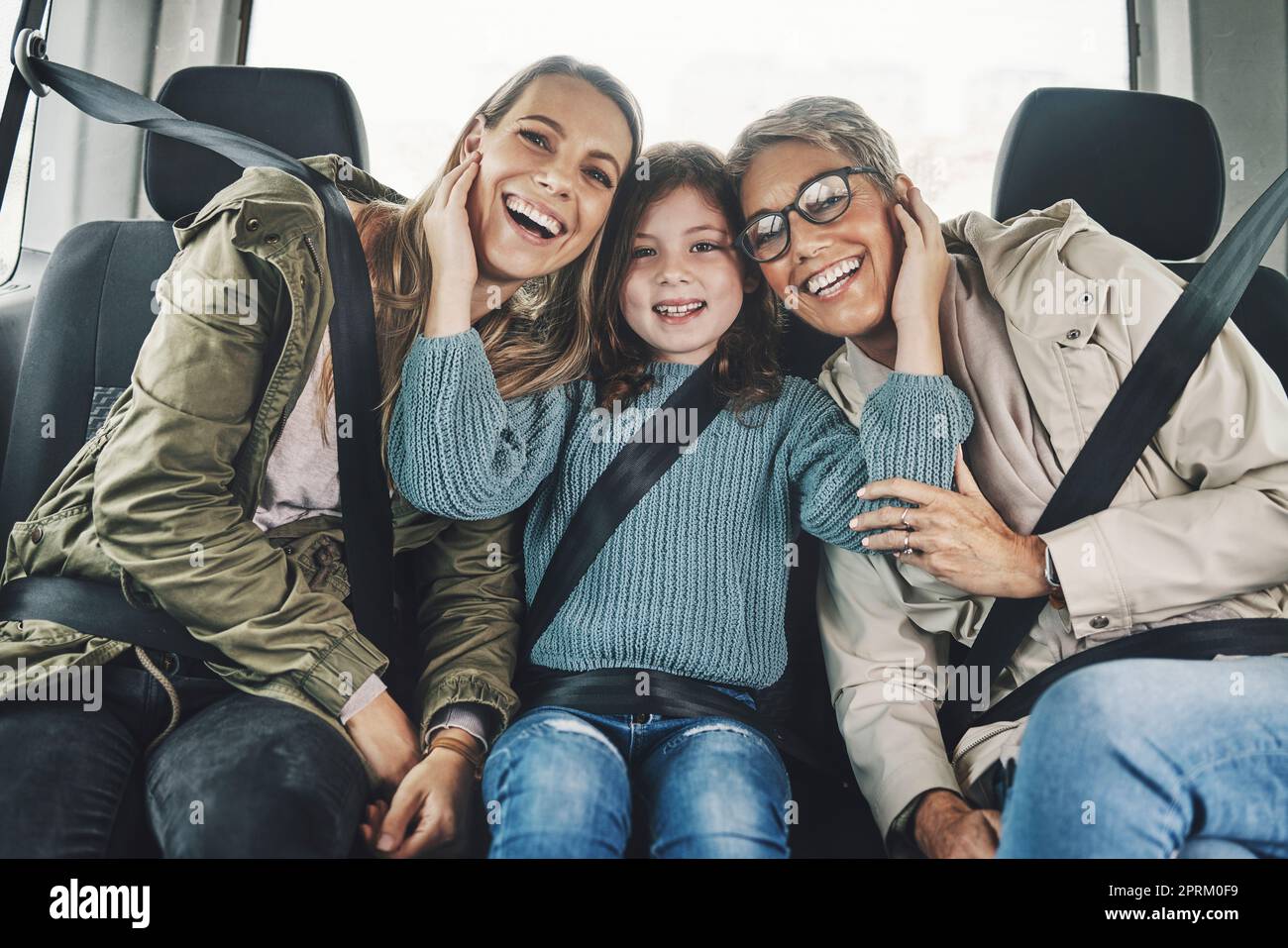 Road trip, family and travel with child, mother and grandma feeling ...