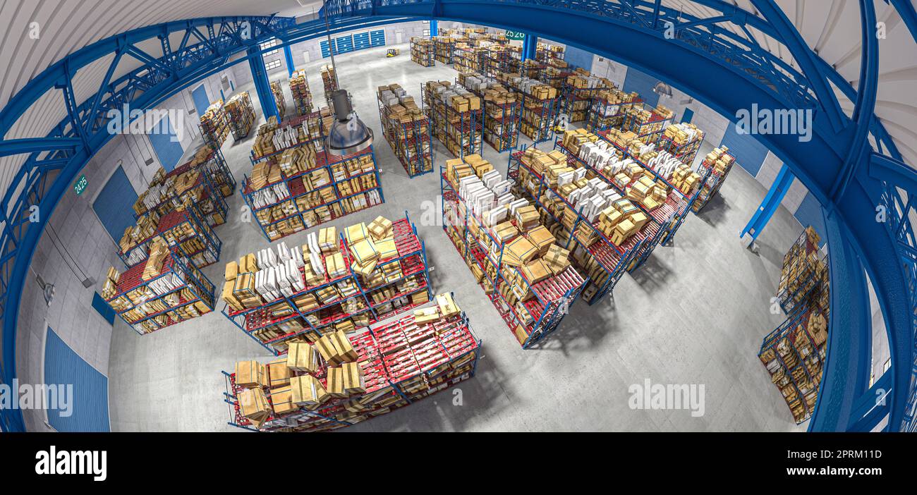 fisheye view of a large warehouse for goods storage. 3d render Stock ...