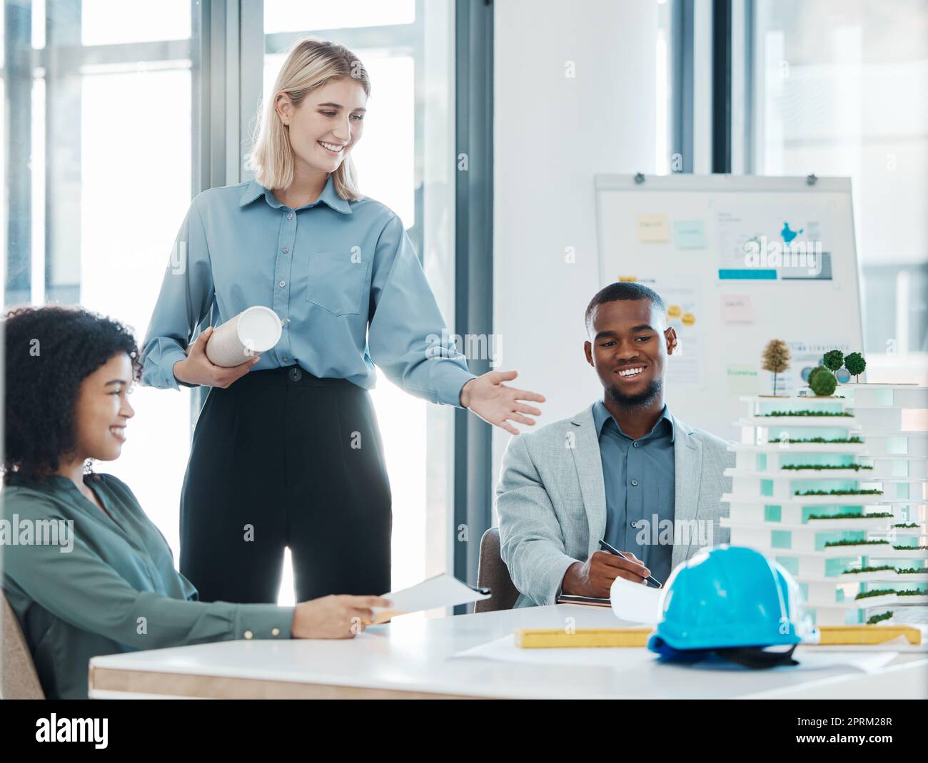 Model, presentation and architects meeting about construction, building ...