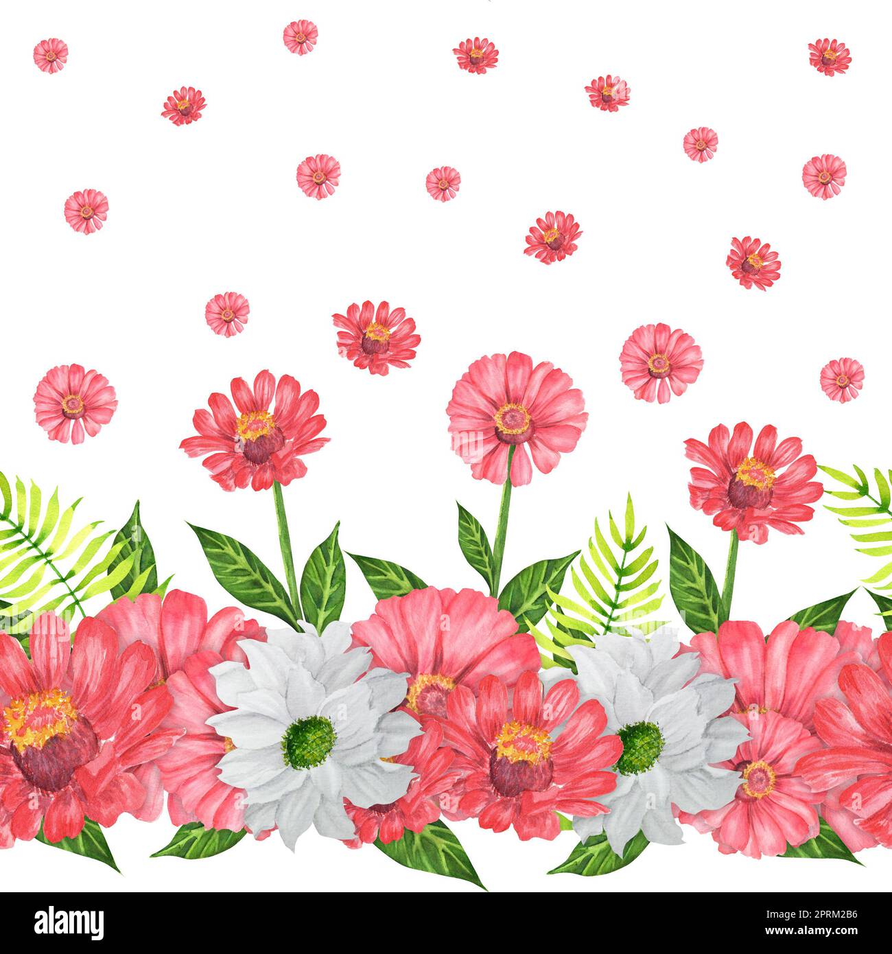 Hand drawn watercolor seamless pattern with zinnia, garden mum and fern ...