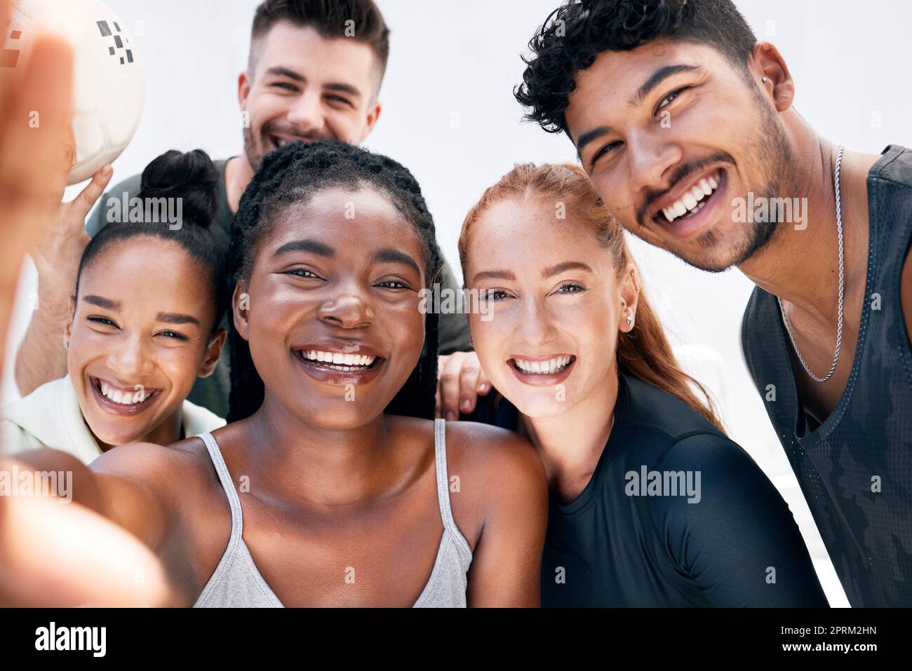 Soccer, friends and team smile for selfie after game, watch or practice ...