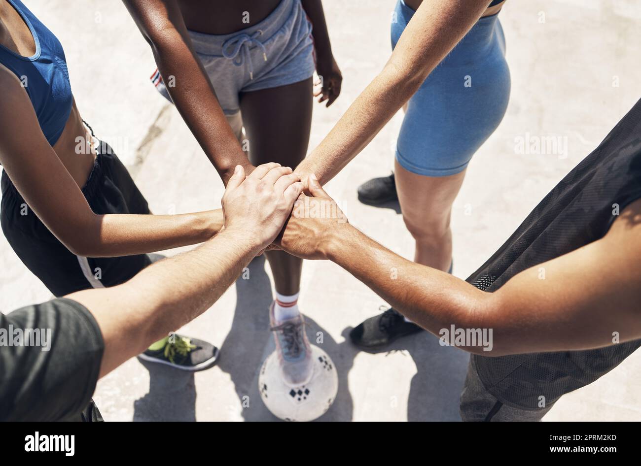 Hands, soccer teamwork and fitness support for athlete motivation, sports collaboration and ...