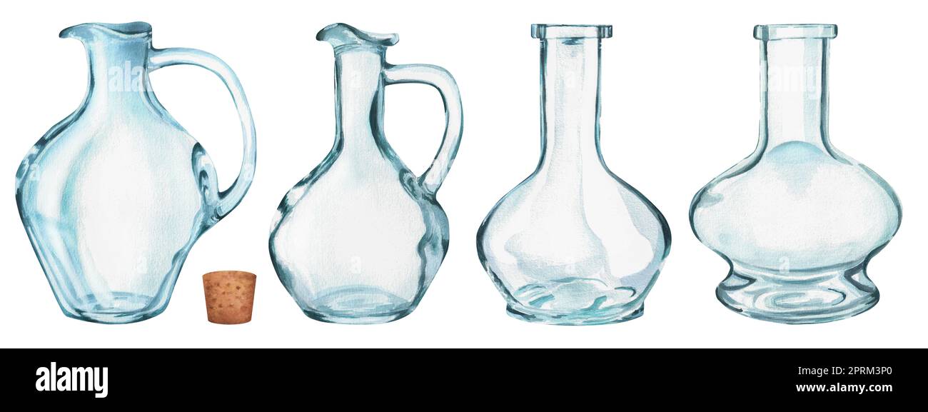 Hand drawn watercolor set of illustrations: glass jugs and bottles ...