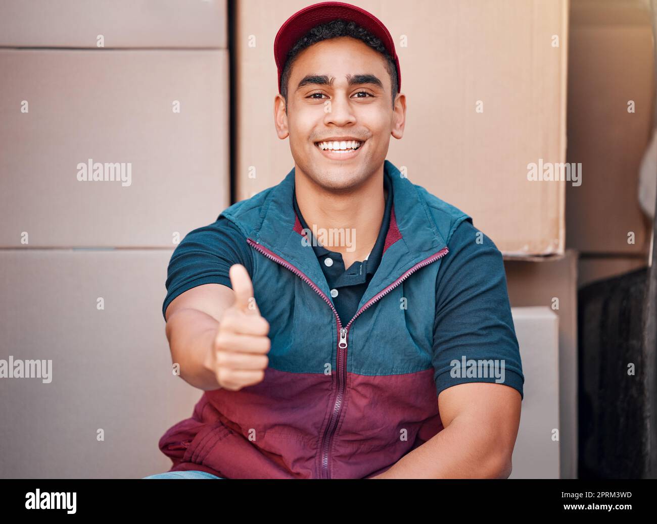 Delivery, thumbs up and courier man, shipping box and retail, ecommerce ...