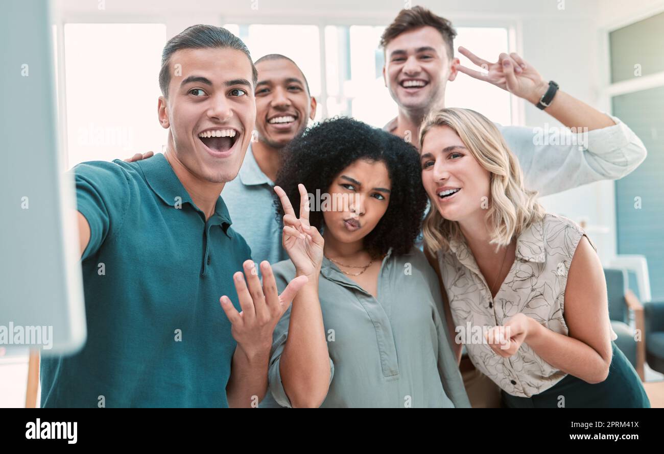 Happy employees, selfie and team building in office for business people happy, smile and peace ...