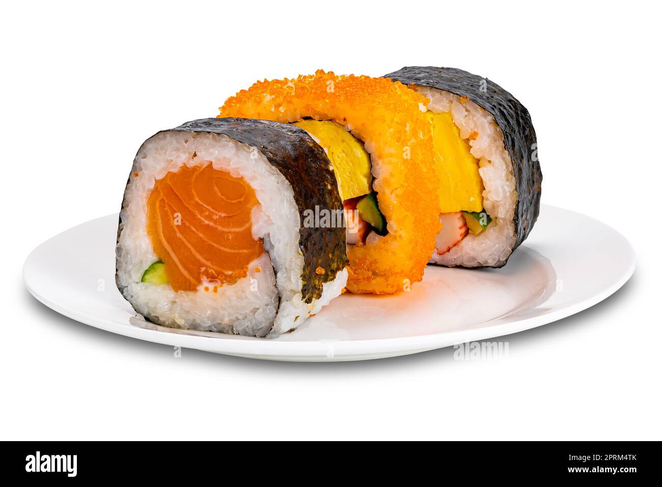 Row of different kinds of fresh magi roll in white ceramic dish ...