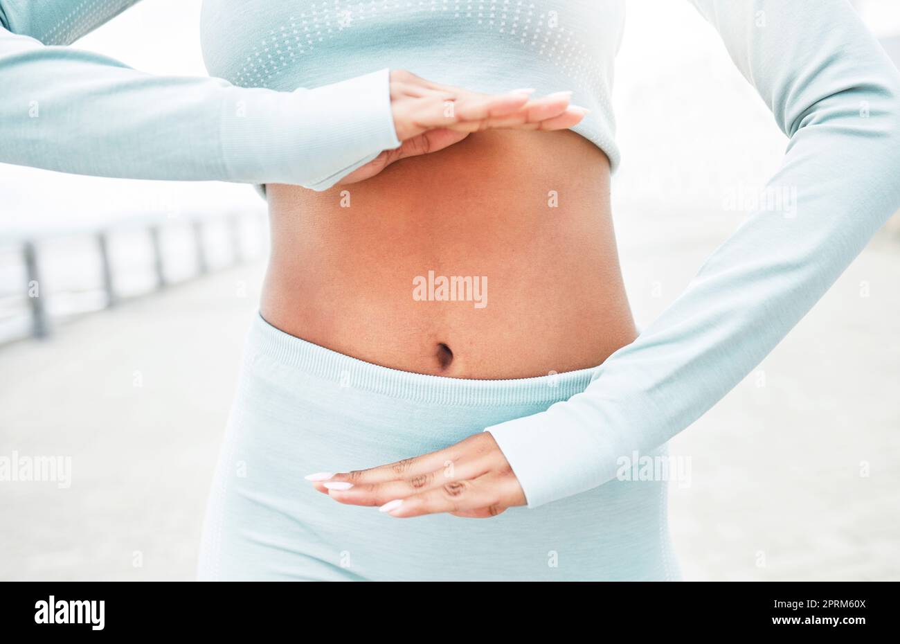 Fitness, woman and hands on stomach for digestion health with workout ...