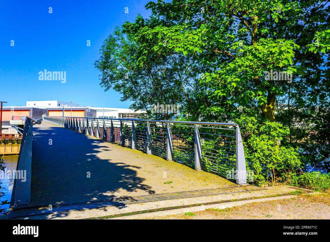 Bridge made of wood and metal over small river in nature forest at ...