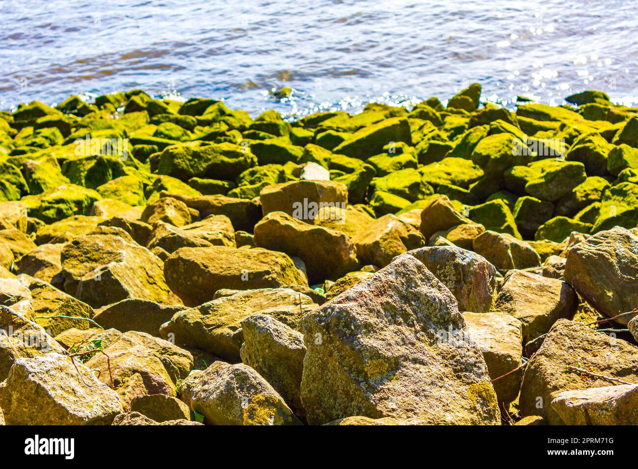 Beautiful coastal and dike landscape panorama with water stones fields ...
